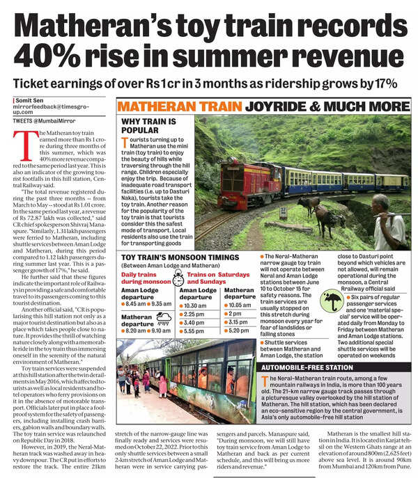 Matheran toy train summer revenue rises 40%, ridership grows by 17% ...