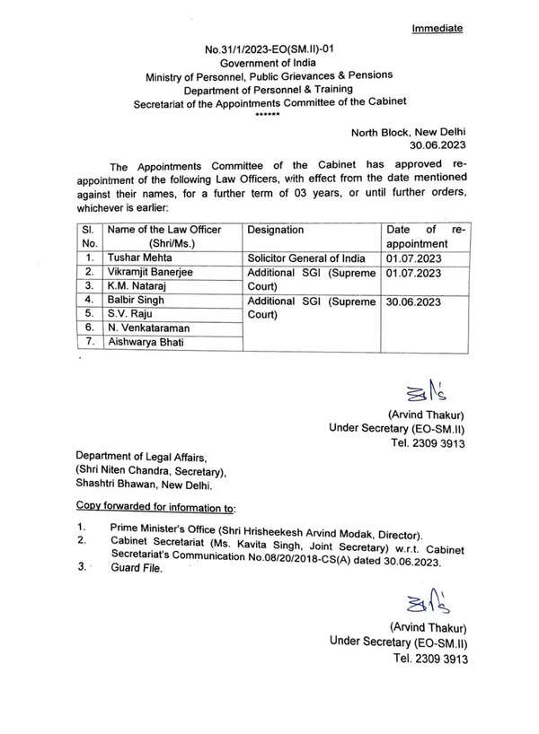 Tushar Mehta re-appointed as Solicitor General of India for 3 more ...