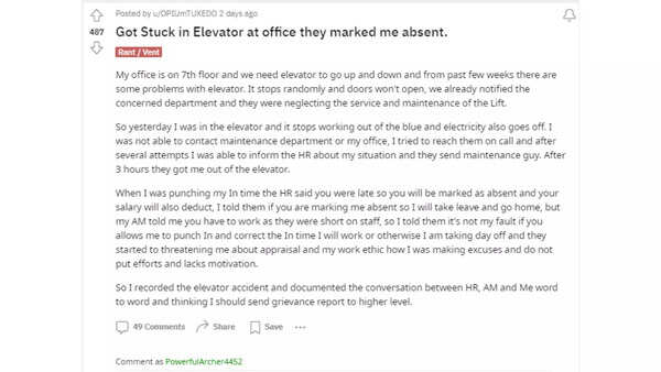Employee gets stuck in elevator, HR deducts his pay - Times of India