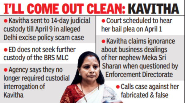 Excise case: Kavitha sent to Tihar jail on 14-day remand | Hyderabad News - Times of India