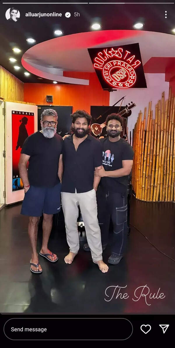 Pushpa 2: Allu Arjun poses with Sukumar and Devi Sri Prasad, Rashmika ...