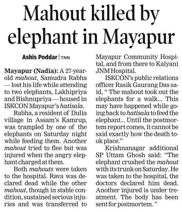Elephant: After Mahout’s Death, Appeal To Iskcon To Use Mechanical ...