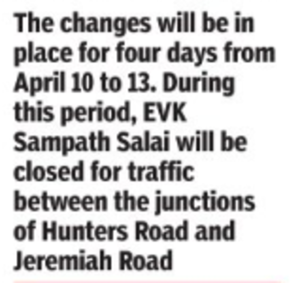 Sewage Drain Work: Traffic Diversions On Evk Sampath Road For Sewage ...