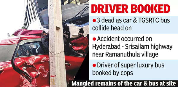 Road Accident: Three killed in car-RTC bus collision on Srisailam ...
