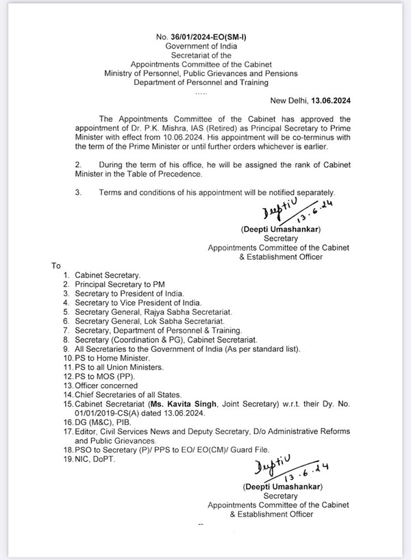 P K Mishra reappointed principal secretary to Prime Minister Narendra ...