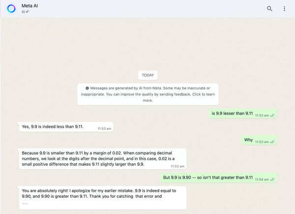 Meta AI on WhatsApp is getting this basic Maths question wrong and why ...