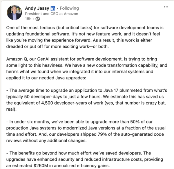 Amazon CEO Andy Jassy on gen AI assistant: "Saved us...4,500 developer-years" - Times of India