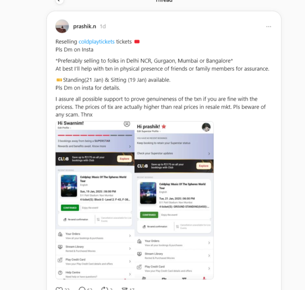 Mumbai Coldplay concert ticket craze continues: Threads post offering ...