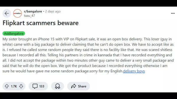 Bengaluru resident exposes fake Flipkart agent attempting to deliver ...
