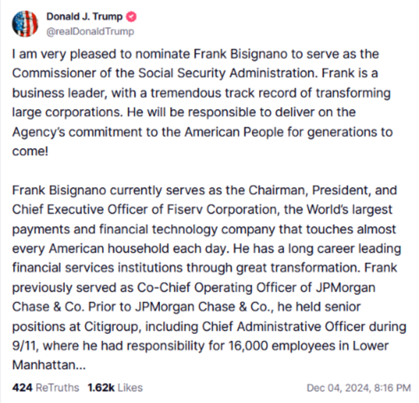 Frank Bisignano: Donald Trump nominates Fiserv CEO Frank Bisignano as ...
