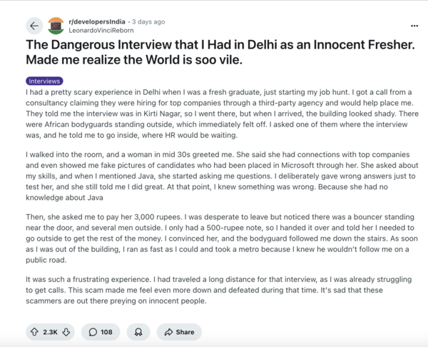 Techie shares: Dangerous interview that I had in Delhi as fresher made ...