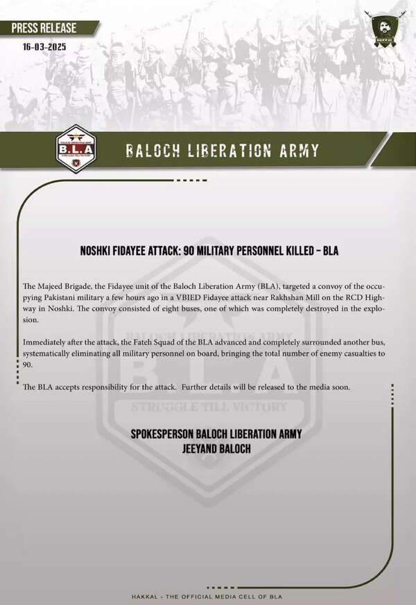 BLA claims 90 Pakistani soldiers killed in attack on army convoy in ...