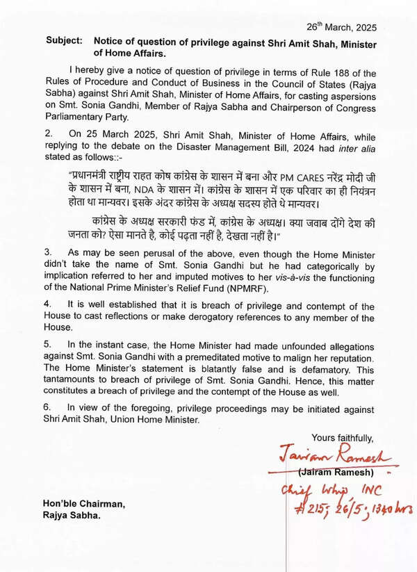 Congress moves privilege motion against Amit Shah for 'maligning' Sonia Gandhi | India News ...