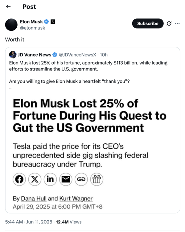 Tesla CEO Elon Musk lost over $100 billion of his wealth to DOGE, says ...