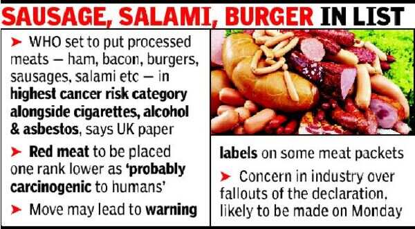 Processed meats as big a cancer risk as smoking - Times of India