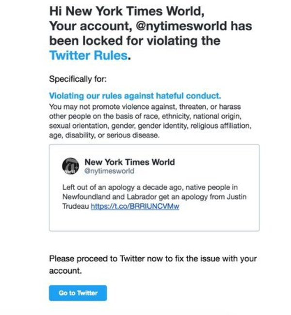 Twitter: 24 hours after blocking a New York Times account, Twitter ...