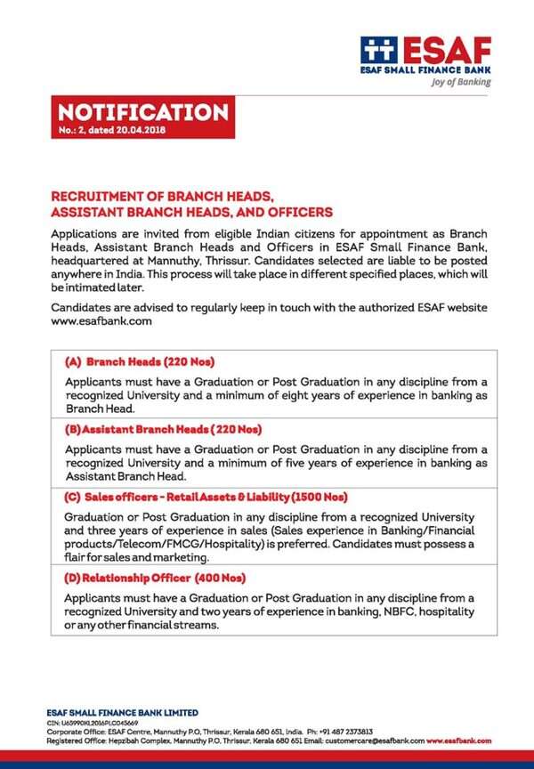 Saf Small Finance Bank: ESAF Bank recruitment 2018: Apply online for ...
