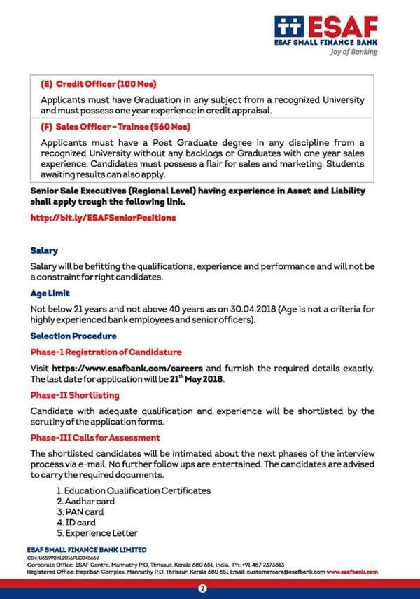 Saf Small Finance Bank: ESAF Bank recruitment 2018: Apply online for ...