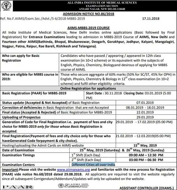 AIIMS MBBS 2019 basic registration process ends soon; check details ...