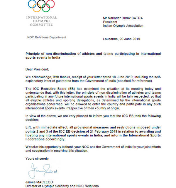 IOC officially lifts provisional ban imposed on India with regards to ...