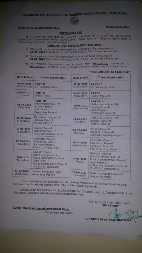 TS Inter Time Table: TSBIE Intermediate Board Exam 2020 to begin from ...