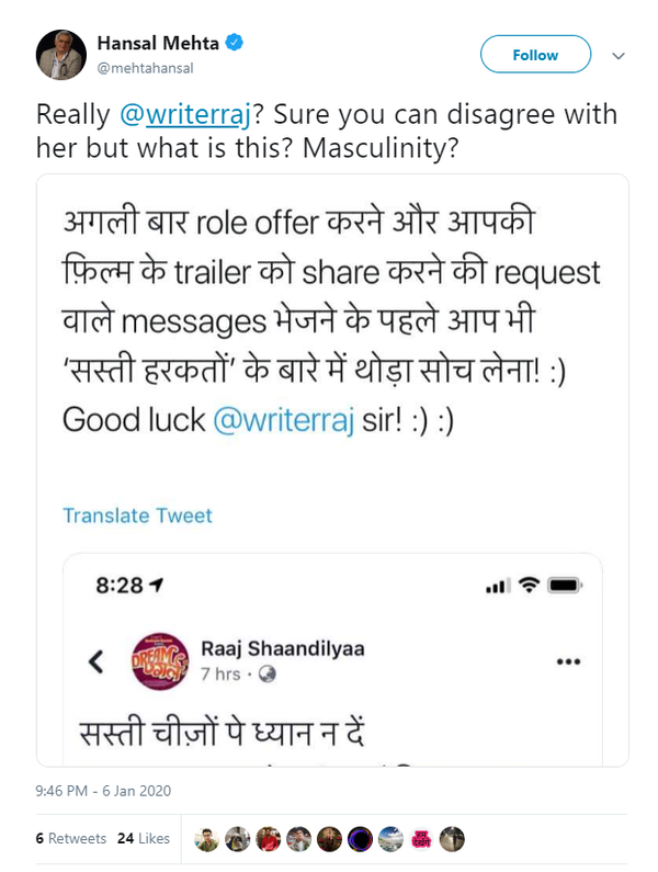 Let better sense prevail: Hansal Mehta deletes tweet slamming director ...