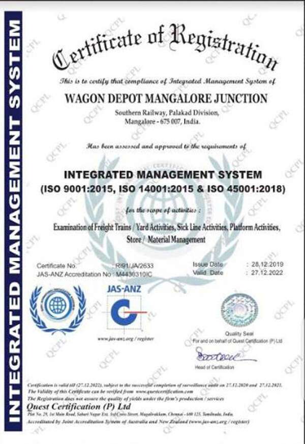 IMS Certification for wagon depot at Mangaluru Junction railway station ...