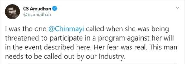 Chinmayi's fear was real: CS Amudhan | Tamil Movie News - Times of India