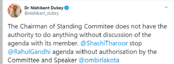 Facebook row: Shashi Tharoor, BJP MP Nishikant Dubey seek breach of privilege proceedings ...