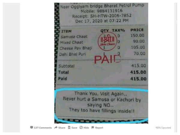 Viral: This restaurant bill saying ‘Never hurt a samosa’ is winning the ...