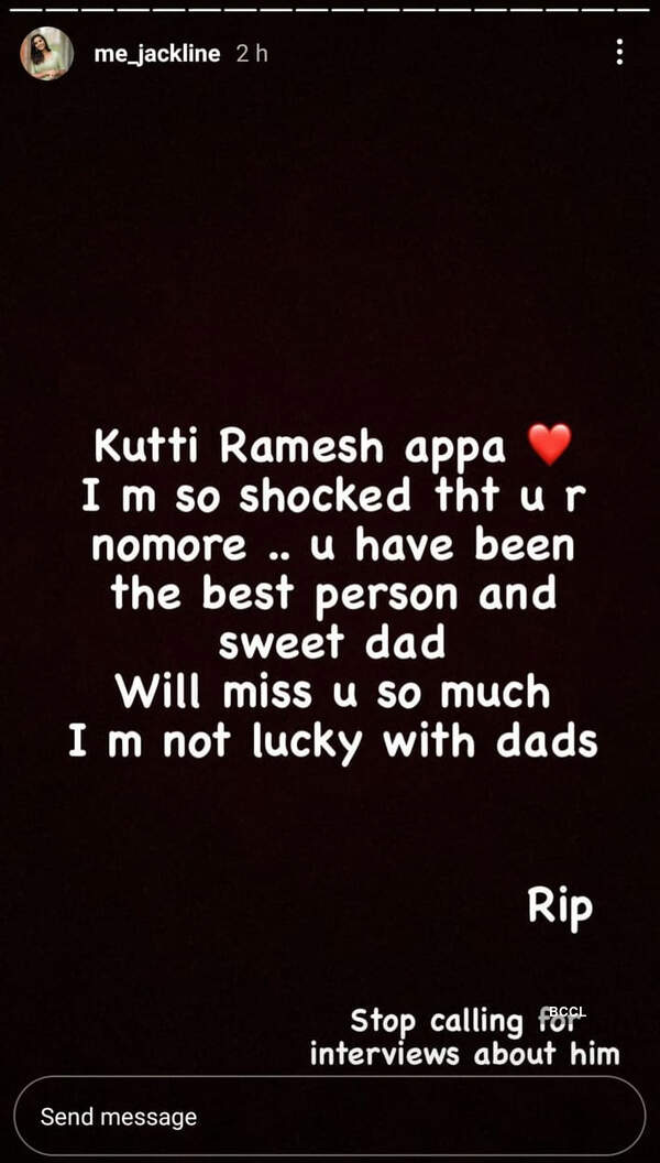 Actor Kutty Ramesh passes away; Siddarth Kumaran, Jacqueline Lydia ...