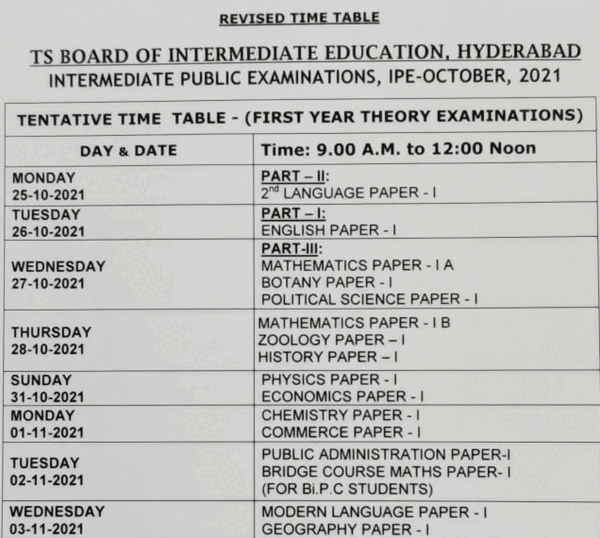TS Inter Revised Time Table: TSBIE revises first year exam schedule ...