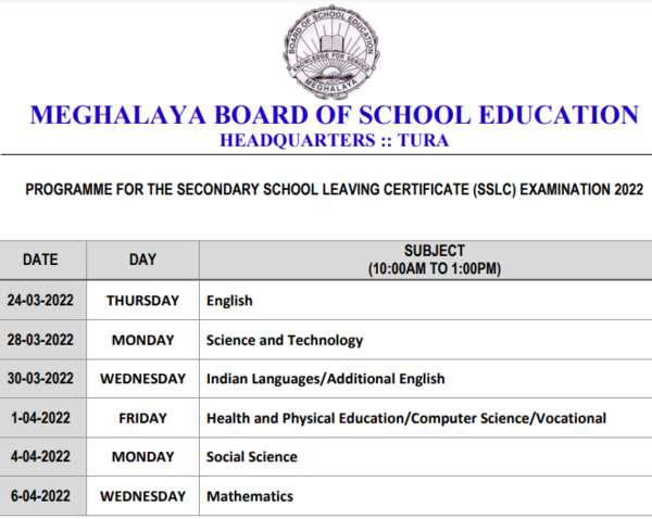 MBOSE HSSLC, SSLC time table 2022: Meghalaya 10th, 12th board exam ...
