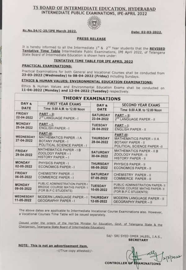 TS Intermediate Time Table 2022: TSBIE revises intermediate second year ...