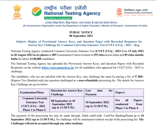 Nta: CUET UG 2022: NTA has released answer keys of all 6 stages of CUET ...