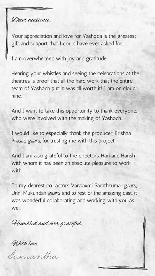 Samantha Ruth Prabhu pens an emotional note on 'Yashoda's success ...