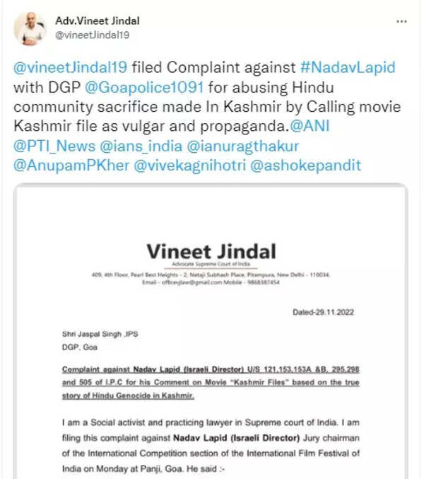 Lawyer files a complaint against Israeli filmmaker Nadav Lapid for calling The Kashmir Files ...