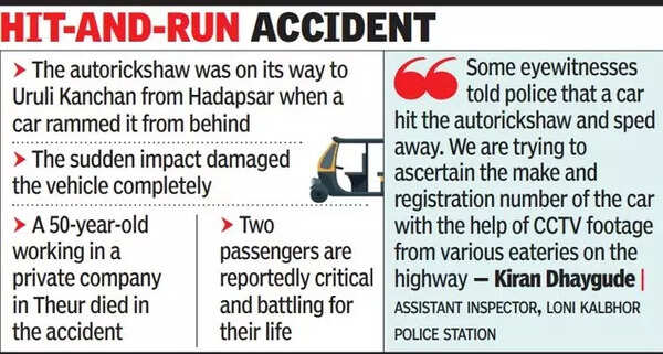 Car rams autorickshaw, kills one, injures five on Pune-Solapur highway | Pune News - Times of India