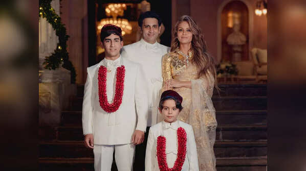 Natasha Poonawalla stuns in a gold foil sari for her kids' Navjote ceremony