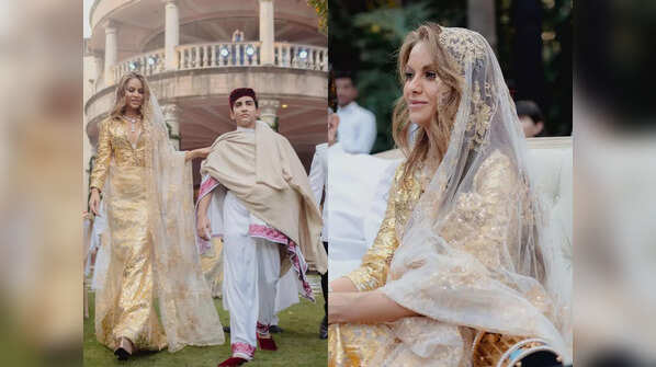 Natasha Poonawalla stuns in a gold foil sari for her kids' Navjote ceremony