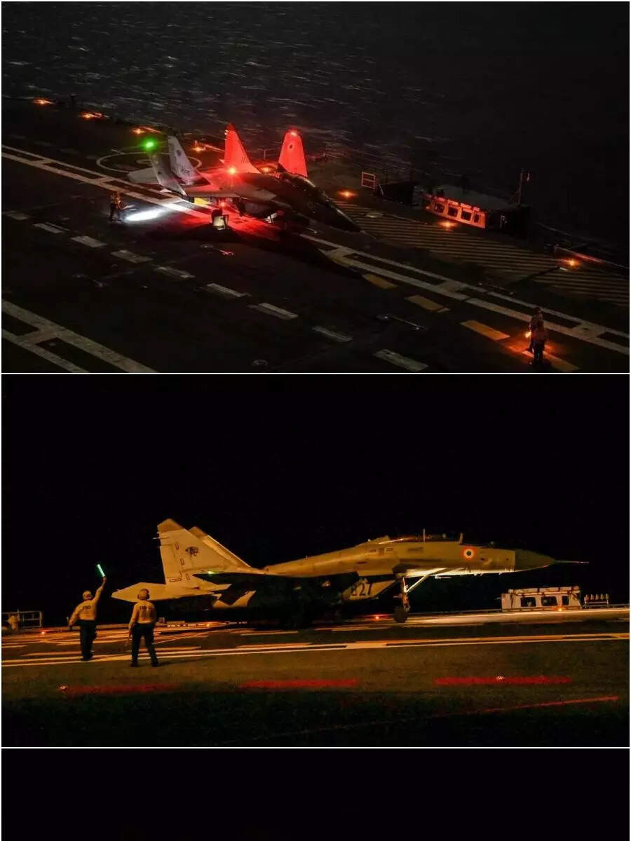 MiG-29K night landing: fighter jet lands on INS Vikrant aircraft ...