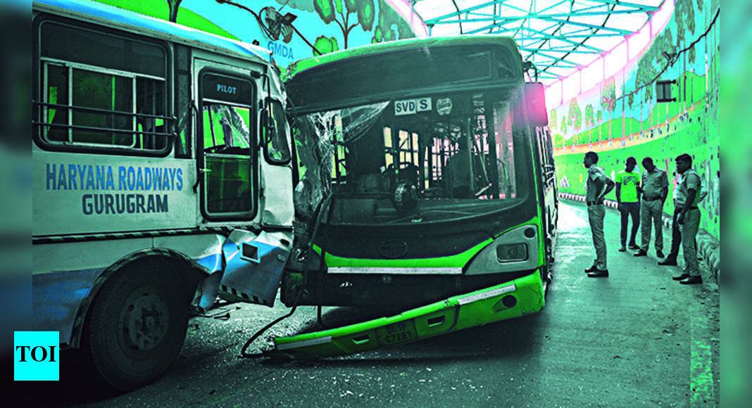 Dtc And Haryana Roadways Buses Collide Head On Gurgaon News Times Of
