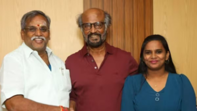 Rajinikanth meets Puducherry Assembly Speaker R. Selvam on the sets of ...
