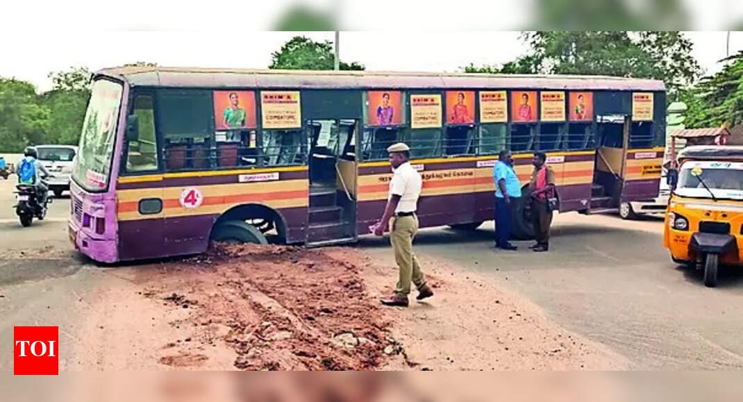 Govt Bus, Lorry Get Stuck In Open Pits On Roads, None Hurt | Coimbatore ...