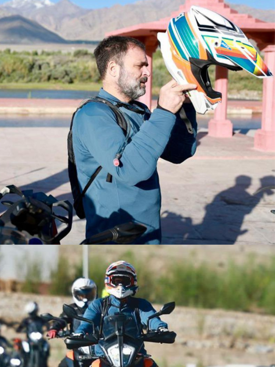 Pics: Rahul Gandhi rides bike to Ladakh's Pangong Lake | Times of India