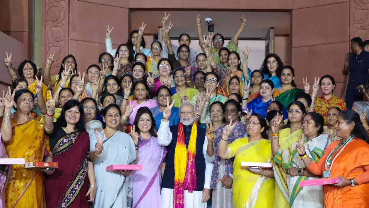 Nari Shakti Shines Pm Modi Shares Photo With Women Mps Celebrating