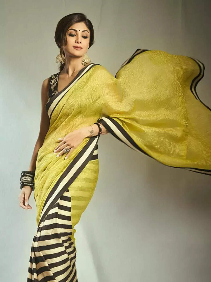 Shilpa Shetty's mustard-striped saree is picture-perfect elegance on a ...