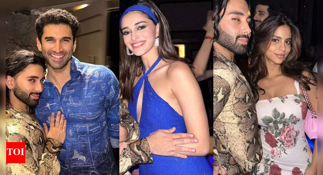 Rumoured couple Aditya Roy Kapur, Ananya Panday twin in blue, pose with Orry at a party, Suhana ...