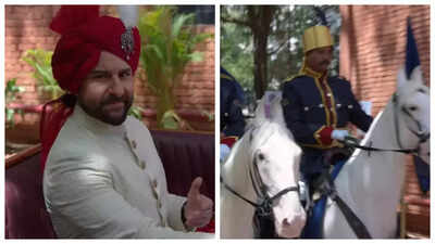 Video of Saif Ali Khan donning a Nawabi attire and riding a vintage car ...
