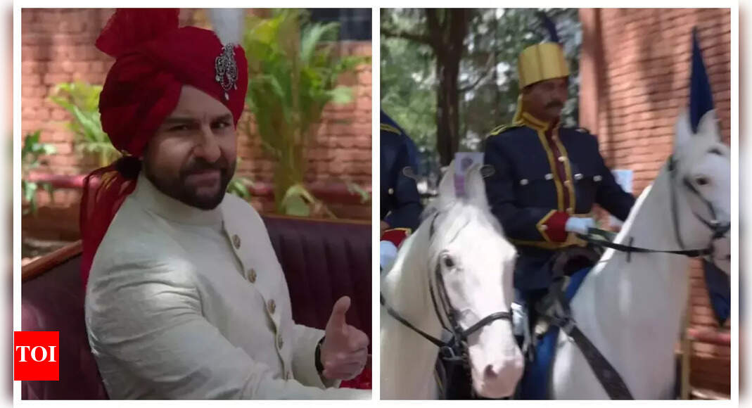 Video of Saif Ali Khan donning a Nawabi attire and riding a vintage car ...
